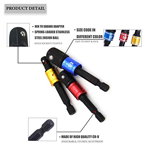 Uayeatye Drill Bit Holder Set-6 PCS Impact Socket Adapter Set 1/4” 3/8” 1/2” Hex Shank 3 Swivel Impact Driver Bit Set Socket Holder+3 Straight Drill Bit Extension Attachments, Drill Accessories-BCS6