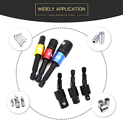 Uayeatye Drill Bit Holder Set-6 PCS Impact Socket Adapter Set 1/4” 3/8” 1/2” Hex Shank 3 Swivel Impact Driver Bit Set Socket Holder+3 Straight Drill Bit Extension Attachments, Drill Accessories-BCS6