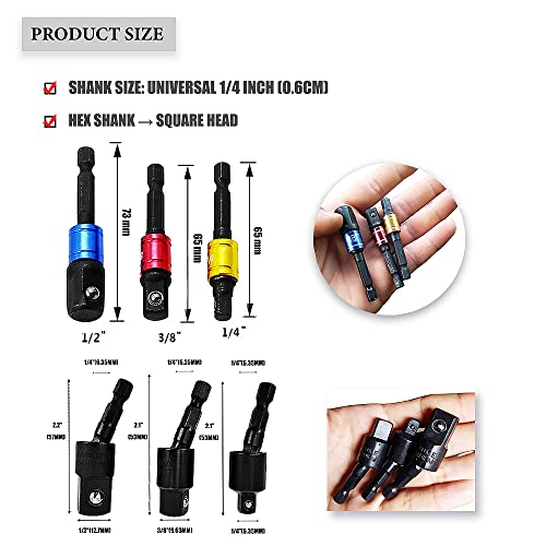 Uayeatye Drill Bit Holder Set-6 PCS Impact Socket Adapter Set 1/4” 3/8” 1/2” Hex Shank 3 Swivel Impact Driver Bit Set Socket Holder+3 Straight Drill Bit Extension Attachments, Drill Accessories-BCS6