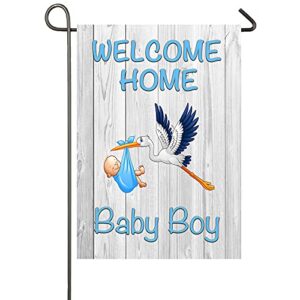 welcome home baby boy garden flag baby shower birth announcement family party newborn gender reveal lawn yard sign pink stork outdoor decoration burlap banner 12.5 x 18 inch (blue-baby boy)