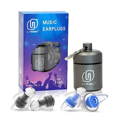 LYSIAN High Fidelity Concert Ear Plugs for Loud Music- Noise Cancelling Musicians Earplugs for Concert Music Festivals, Raves, Motorcycles,Drummers, DJS, 23dB, 2Pairs Value Pack