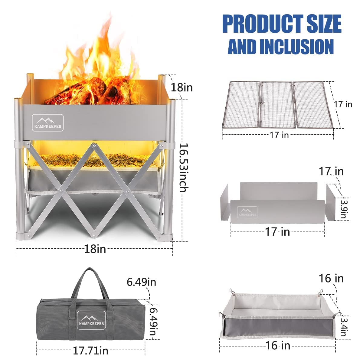 KAMPKEEPER Fire Pit 18 Inch Outdoor Wood Burning Fire Pit,Portable Fire Pit for Camping, Beach Parties,and More,Included Heat Shield for Leave No Trace Fires