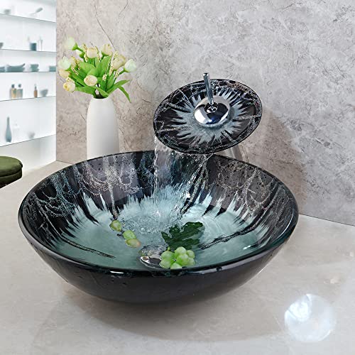 GLOBAOSALU Shining Bathroom Vessel Sinks Round Tempered Glass Basin Bowls Above Counter Vessel Sinks for Bathrooms Glass Vessel Sinks Bowl Sinks for Bathrooms with Faucet and Drain Combo