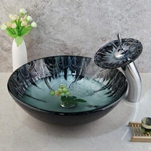 GLOBAOSALU Shining Bathroom Vessel Sinks Round Tempered Glass Basin Bowls Above Counter Vessel Sinks for Bathrooms Glass Vessel Sinks Bowl Sinks for Bathrooms with Faucet and Drain Combo