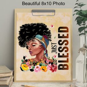 Black Women Woman Wall Art - Blessed Wall Decor - African American Girl Poster Picture Print - Bedroom, Living Room, Home Office, Bathroom - Cute Boho Inspirational Positive Motivational Friend Gifts