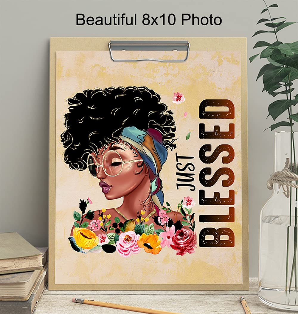 Black Women Woman Wall Art - Blessed Wall Decor - African American Girl Poster Picture Print - Bedroom, Living Room, Home Office, Bathroom - Cute Boho Inspirational Positive Motivational Friend Gifts