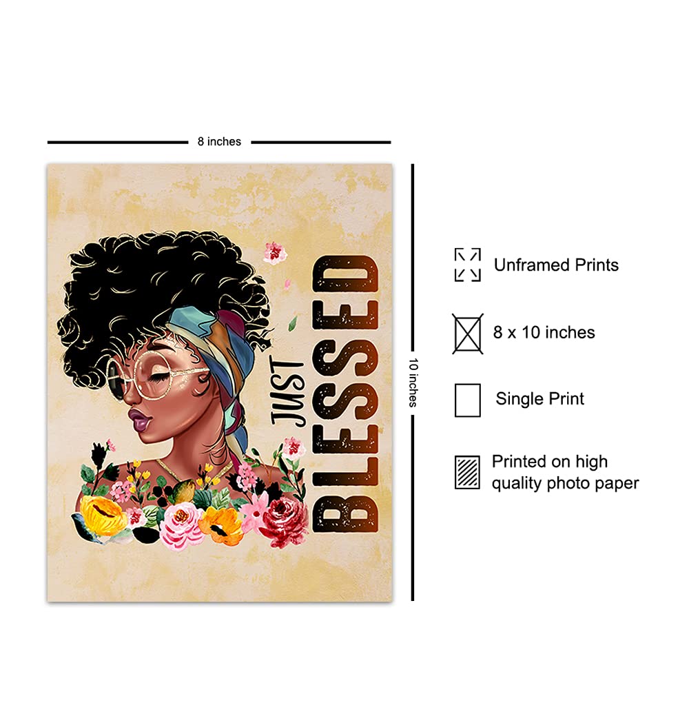 Black Women Woman Wall Art - Blessed Wall Decor - African American Girl Poster Picture Print - Bedroom, Living Room, Home Office, Bathroom - Cute Boho Inspirational Positive Motivational Friend Gifts