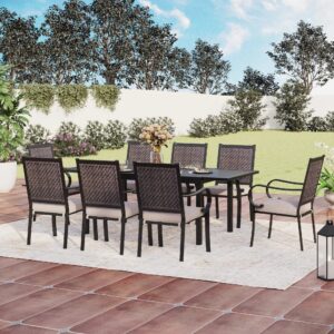 PHI VILLA 9 Piece Outdoor Extendable Dining Set for 8, Expandable Rectangular Metal Dining Table & 8 Rattan Chairs for Patio, Deck, Yard