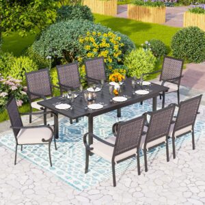 PHI VILLA 9 Piece Outdoor Extendable Dining Set for 8, Expandable Rectangular Metal Dining Table & 8 Rattan Chairs for Patio, Deck, Yard