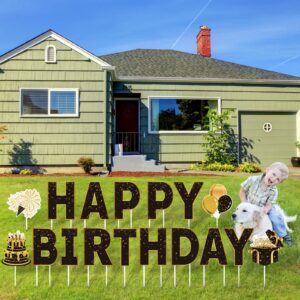 17 Pieces 16'' Happy Birthday Yard Signs with Stakes Birthday lawn sign with String Light Outdoor Decorations Yard Supplies for Home Garden Party, Black and Gold