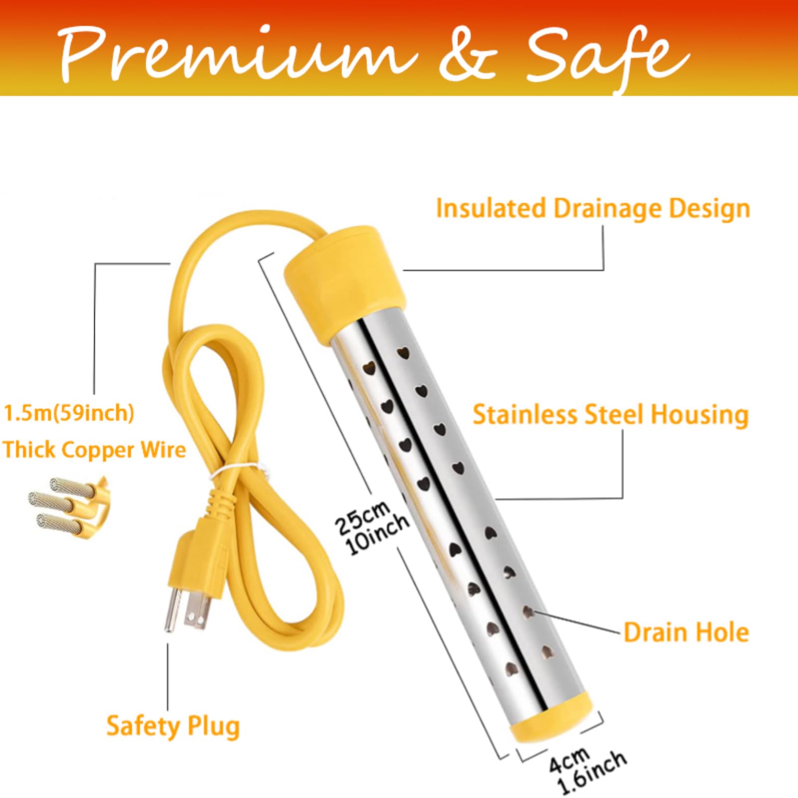 Immersion Water Heater, Electric Submersible Water Heater with Stainless Steel Guard Cover, Portable Bucket Heater to Heat 5 Gallons of Water in Minutes (Yellow)