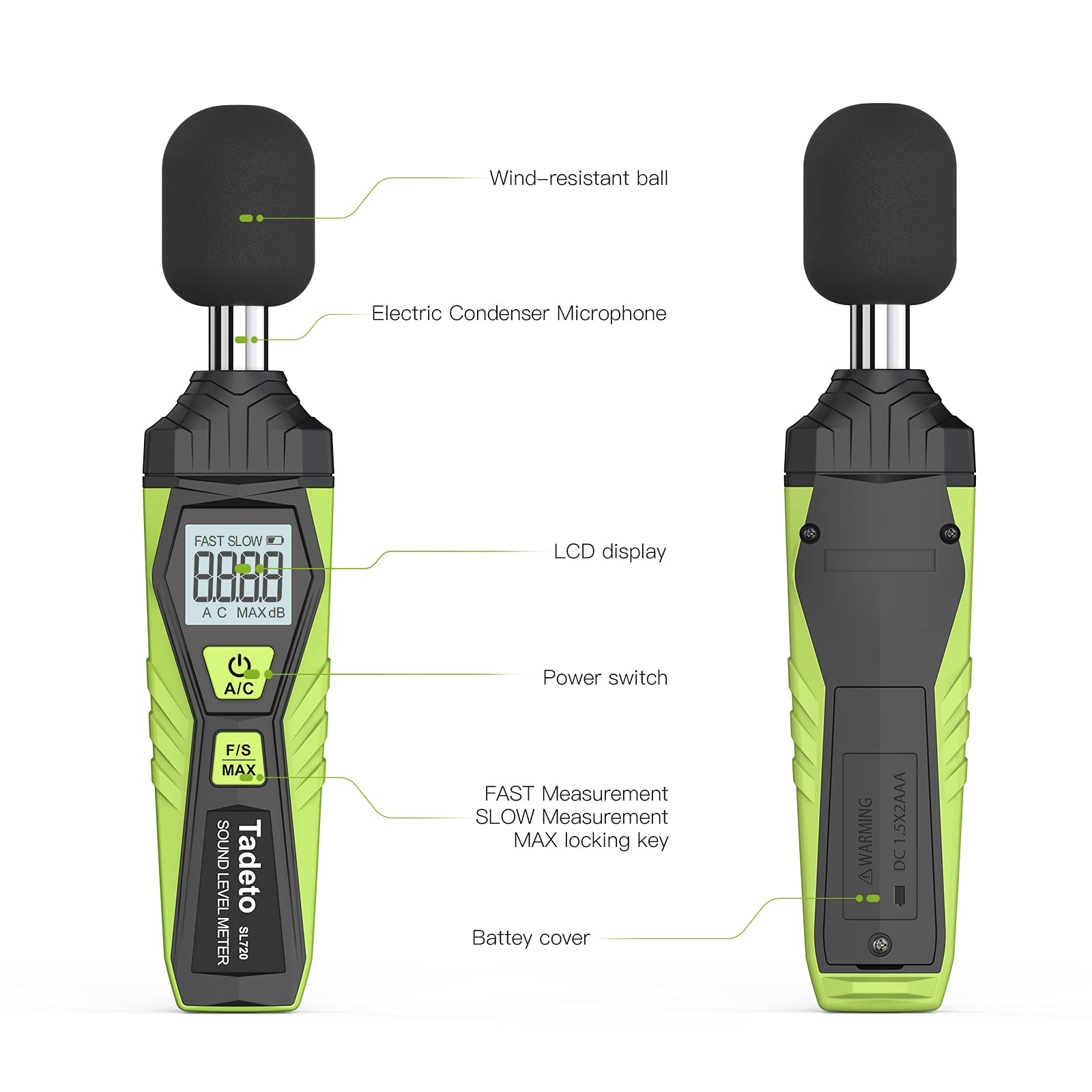 Decibel Meter, Tadeto Digital Sound Level Meter Portable SPL Meter 30dB to 130dB MAX Data Hold with LCD Display Backlight A/C Weighted for Home Factories