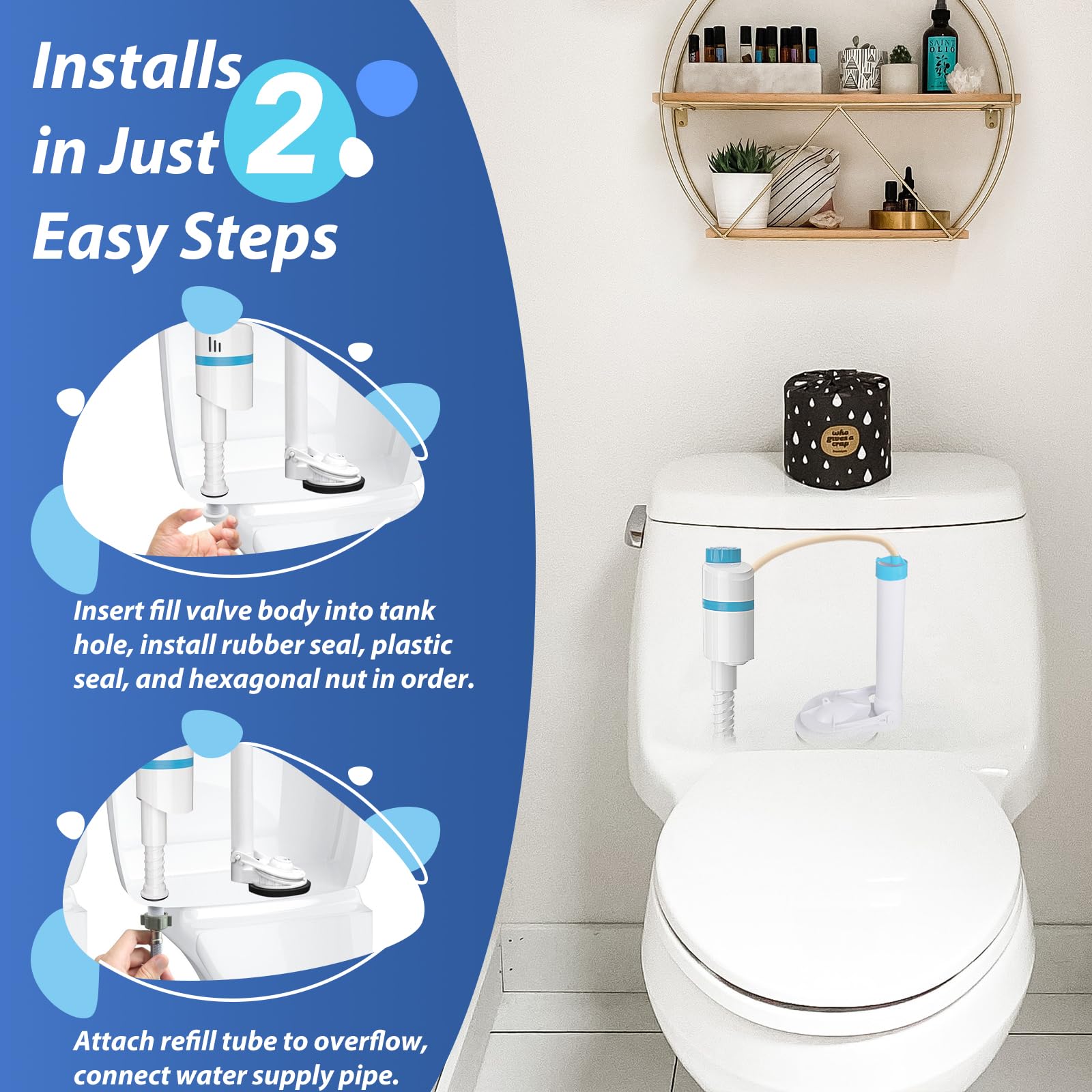 SAMODRA Silent Toilet Fill Valve Adjustable Water Level, High Performance Toilet Flush Valve Replacement Kit Anti-Siphon Water-Saving, Installs in Minutes