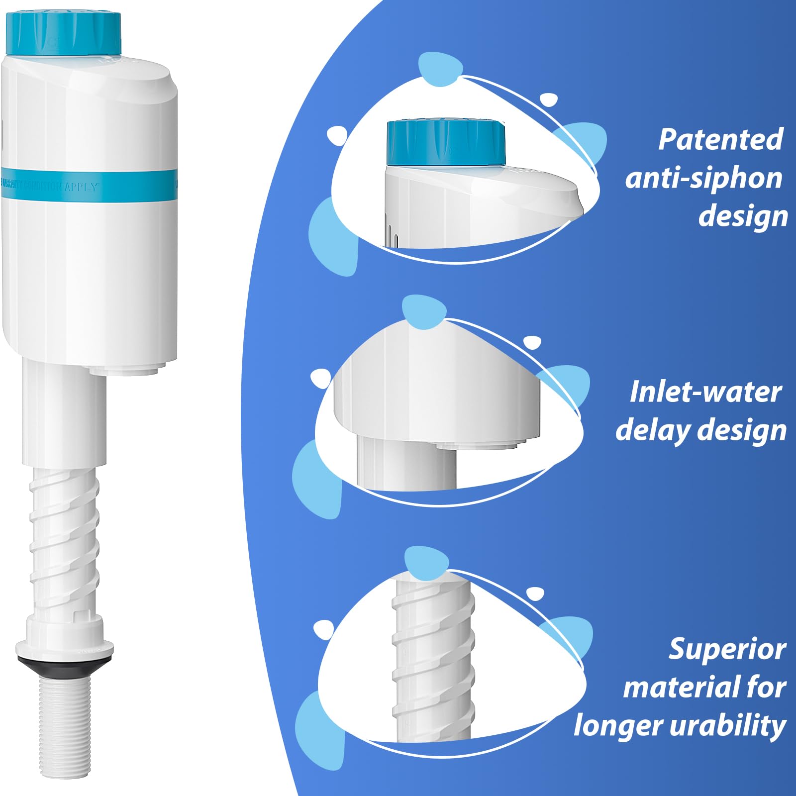 SAMODRA Silent Toilet Fill Valve Adjustable Water Level, High Performance Toilet Flush Valve Replacement Kit Anti-Siphon Water-Saving, Installs in Minutes