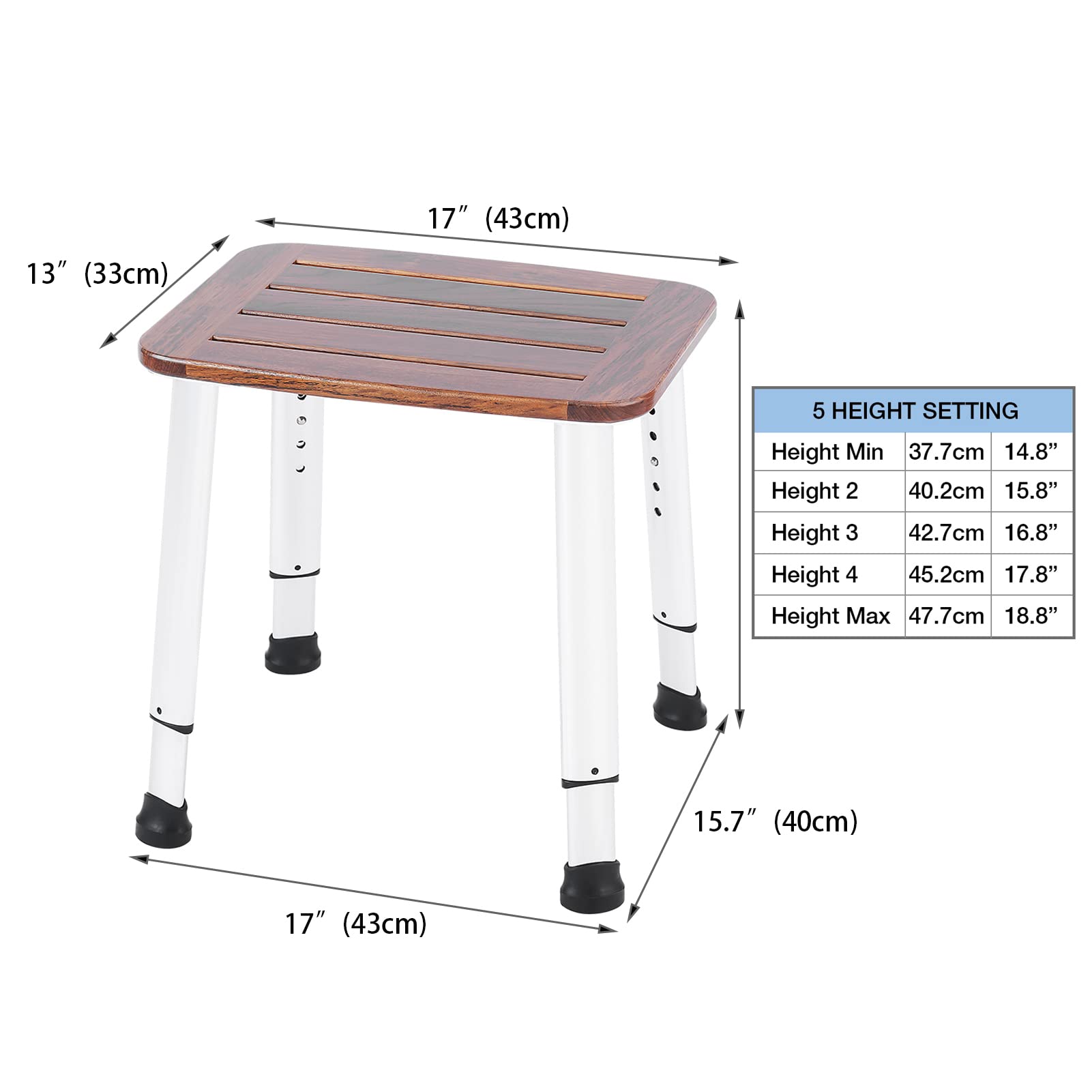 Bathroom Shower Bench Bath Stool Bathtub Seat Spa Chair Foot Rest Step, Height Adjustable Lightweight Waterproof and Rustproof, Teak