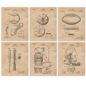 vintage football baseball basketball sports patent prints, 6 (8x10) unframed photos, wall art decor gifts under 25 for home office man cave garage shop gym student teacher coach school teams gear fans