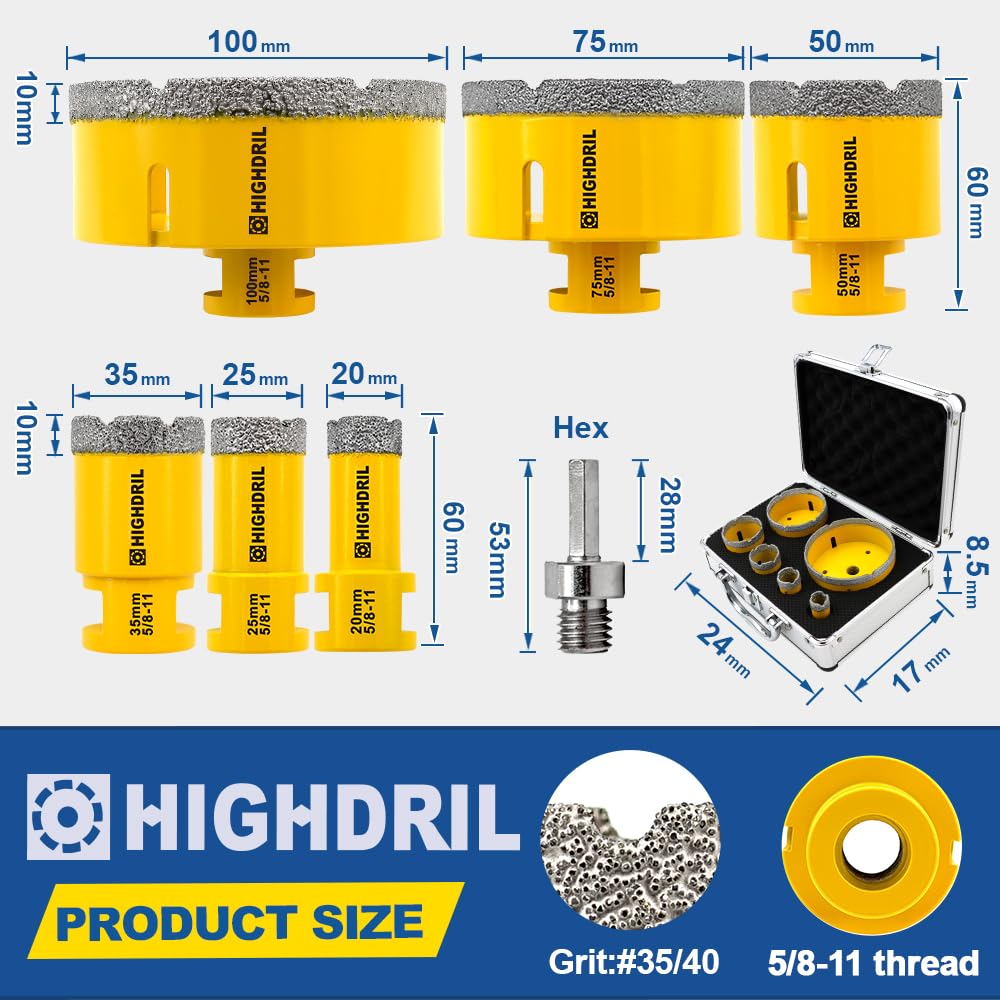 HIGHDRIL Diamond Drill bits kit with 5/8-11 for Porcelain Tile Ceramic Marble Brick Concrete Vacuum Brazed Hole Saw(20/25/35/50/75/100mm)