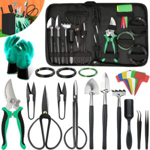 bonsai tools kit- 24 pcs bonsai tree kit tools for beginners, bonsai tool set bonsai starter trimming care kit include pruning shears, scissors, pu leather bag