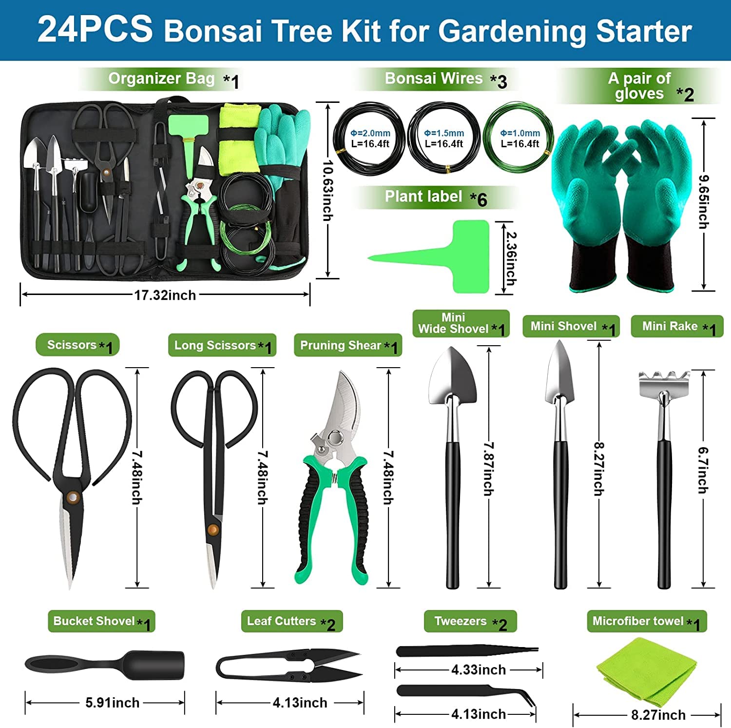 Bonsai Tools Kit- 24 PCS Bonsai Tree Kit Tools for Beginners, Bonsai Tool Set Bonsai Starter Trimming Care Kit Include Pruning Shears, Scissors, PU Leather Bag