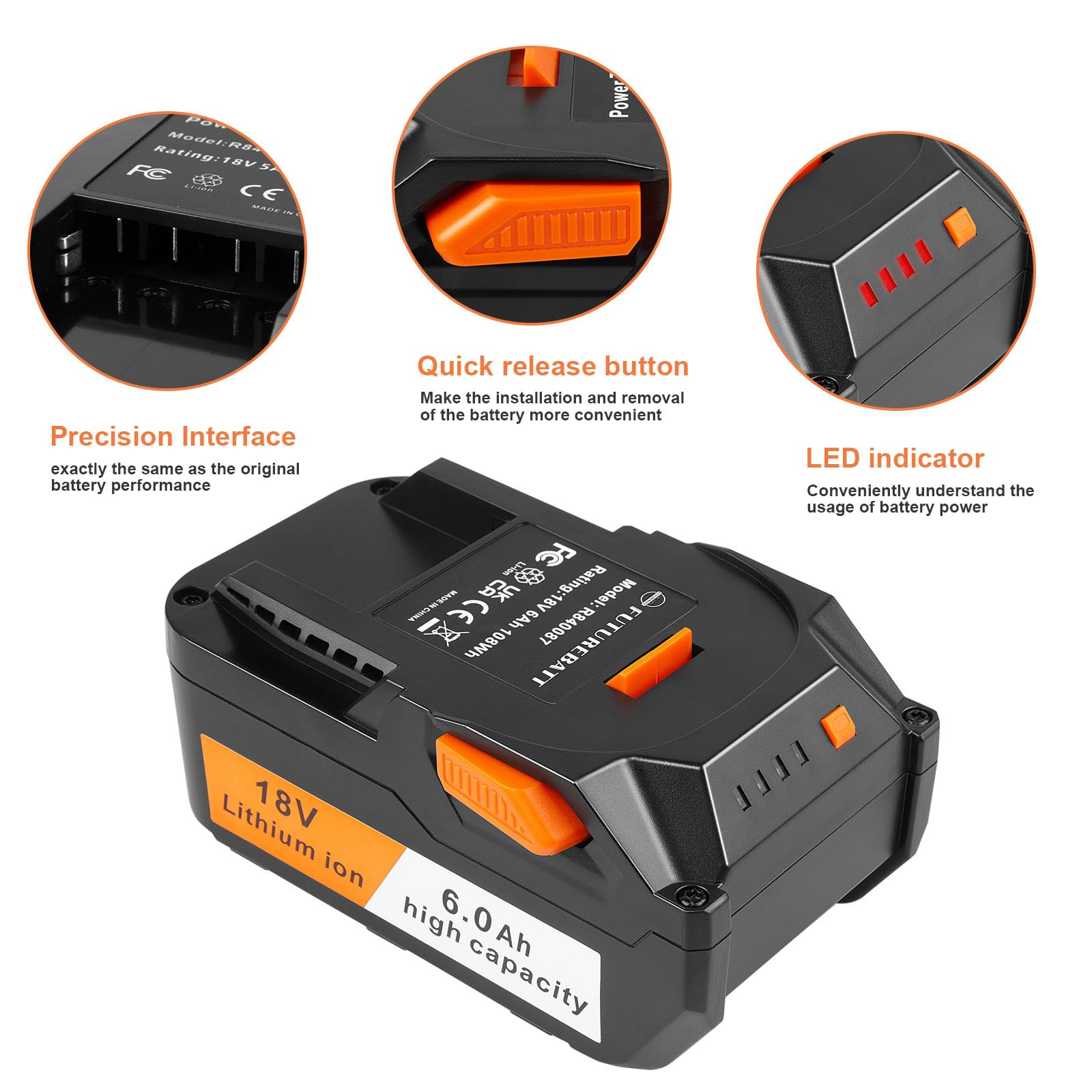 HIGH QUALITY FUTUREBATT FUTUREBATT [2Pack] 18V 6.0Ah Lithium Replacement Battery for Ridgid 18V Drill Battery R840087 R840083 R840086 R840085 R840084 AC840085 AC840086 AC840087P