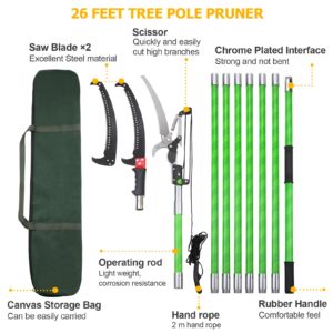 26 Feet Tree Pole Pruner Manual Branches Trimmer Tree Branch Garden Tools Loppers Hand Pole Saws Extendable Height Adustable System for Sawing and Shearing