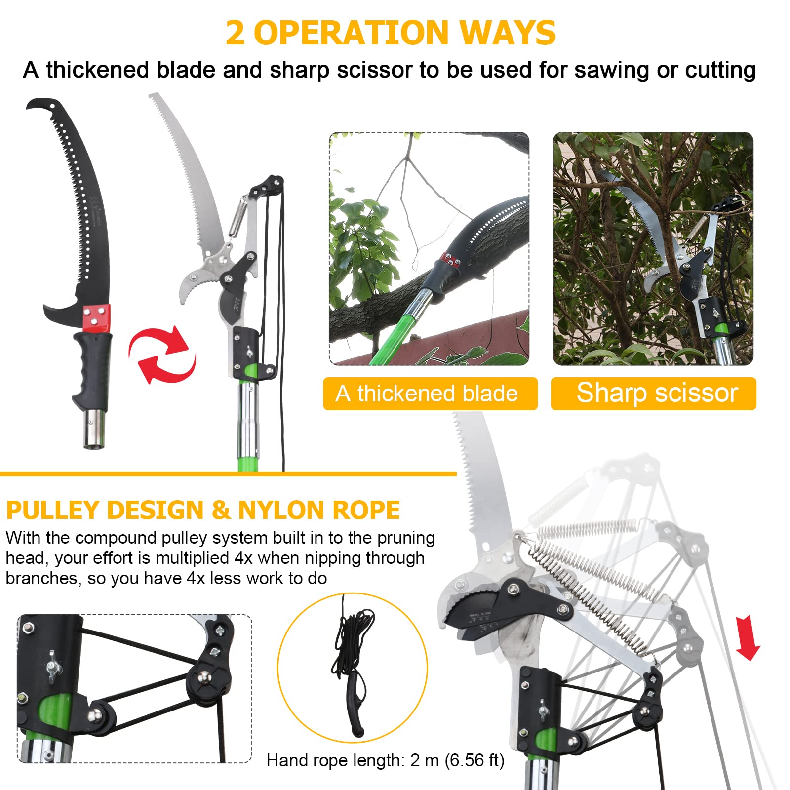 26 Feet Tree Pole Pruner Manual Branches Trimmer Tree Branch Garden Tools Loppers Hand Pole Saws Extendable Height Adustable System for Sawing and Shearing