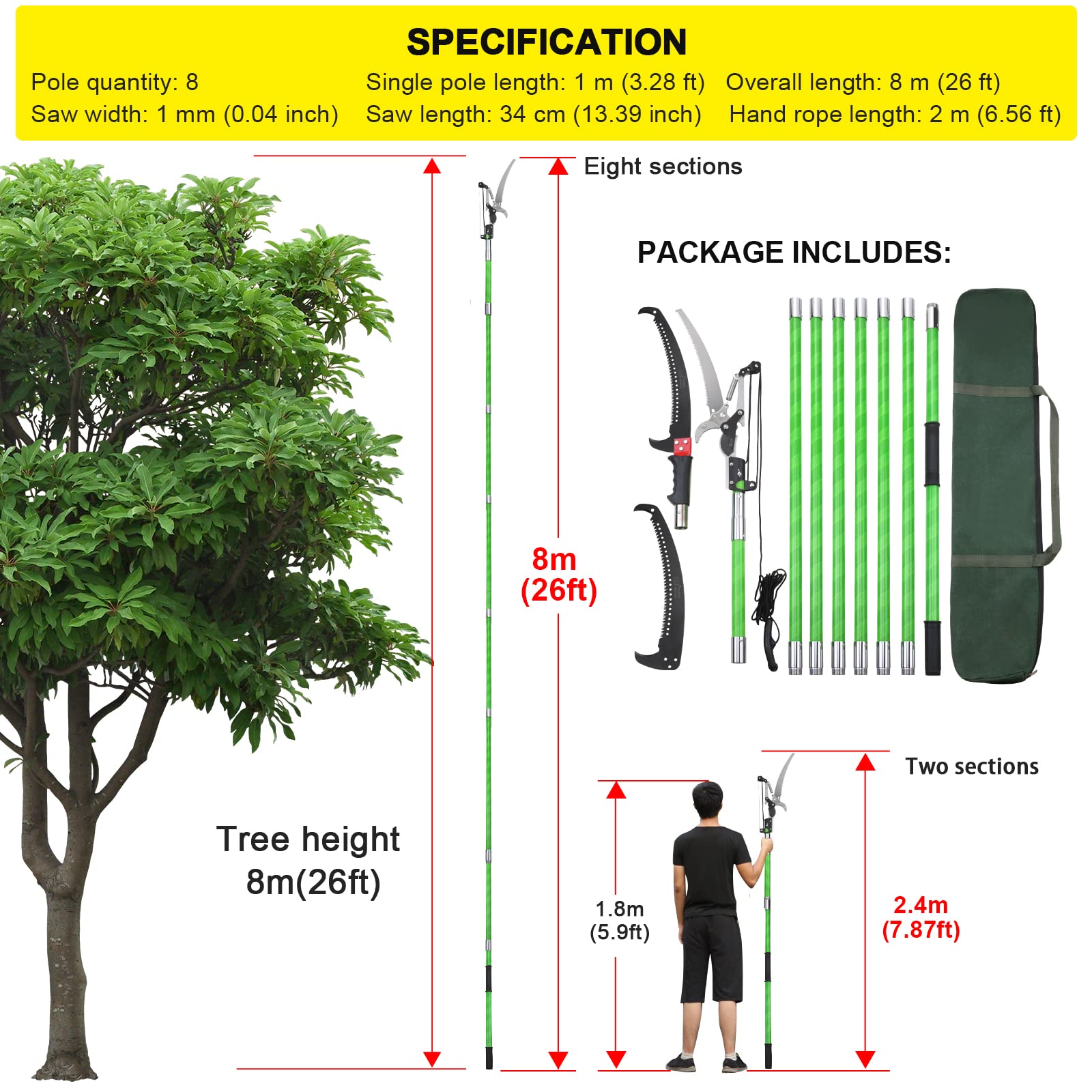 26 Feet Tree Pole Pruner Manual Branches Trimmer Tree Branch Garden Tools Loppers Hand Pole Saws Extendable Height Adustable System for Sawing and Shearing