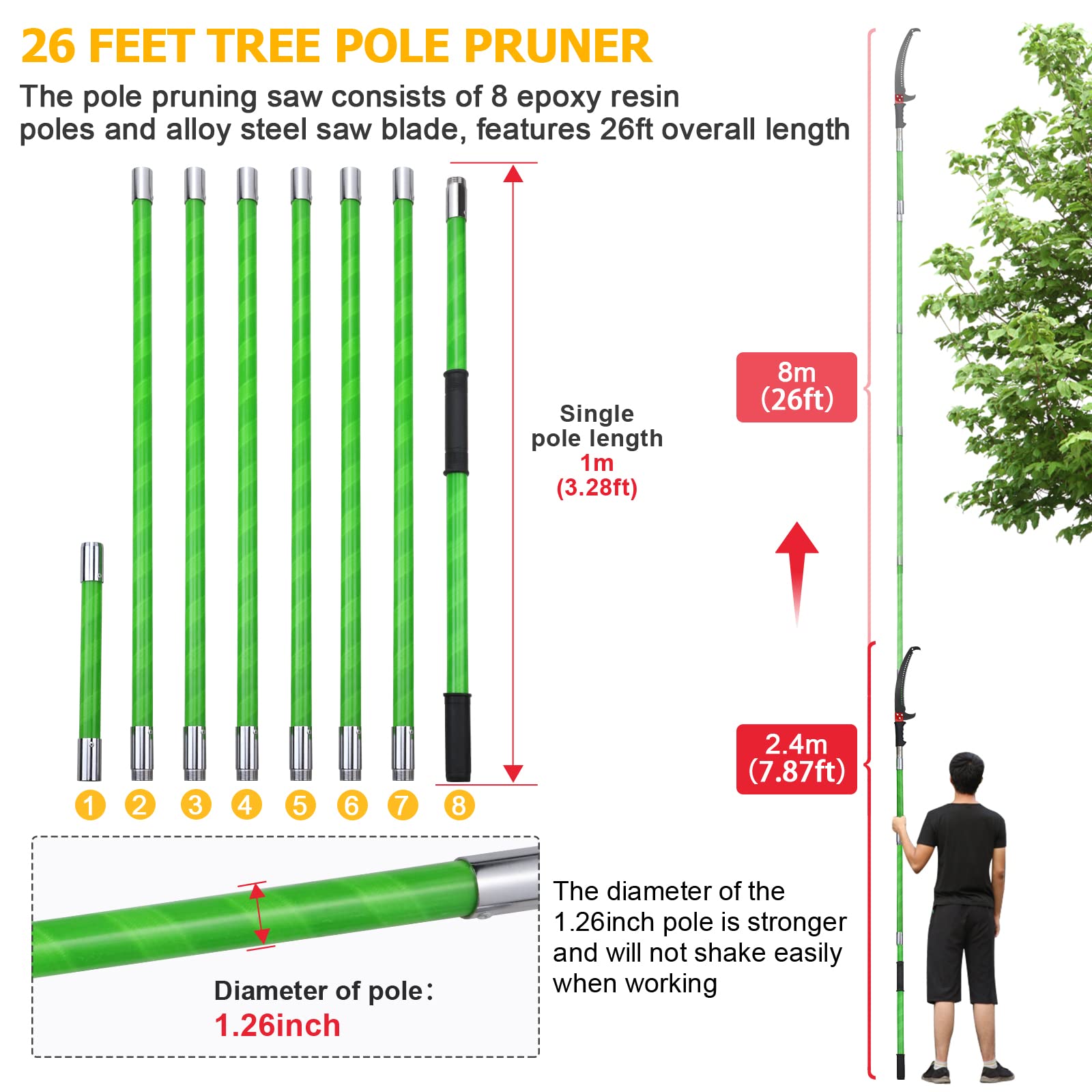 26 Feet Tree Pole Pruner Manual Branches Trimmer Tree Branch Garden Tools Loppers Hand Pole Saws Extendable Height