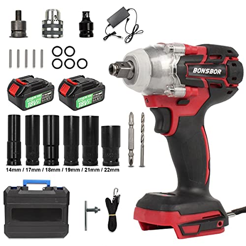 BONSBOR Cordless Impact Wrench Kit 1/2" 520Nm, Brushless Impact Driver Electric Drill with 2 Rechargeable Li-ion Batteries, Socket Set 14mm 17mm 18mm 19mm 21mm 22mm