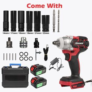 BONSBOR Cordless Impact Wrench Kit 1/2" 520Nm, Brushless Impact Driver Electric Drill with 2 Rechargeable Li-ion Batteries, Socket Set 14mm 17mm 18mm 19mm 21mm 22mm