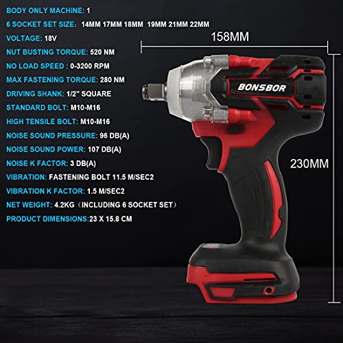 BONSBOR Cordless Impact Wrench Kit 1/2" 520Nm, Brushless Impact Driver Electric Drill with 2 Rechargeable Li-ion Batteries, Socket Set 14mm 17mm 18mm 19mm 21mm 22mm