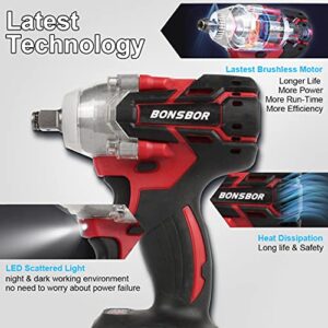 BONSBOR Cordless Impact Wrench Kit 1/2" 520Nm, Brushless Impact Driver Electric Drill with 2 Rechargeable Li-ion Batteries, Socket Set 14mm 17mm 18mm 19mm 21mm 22mm