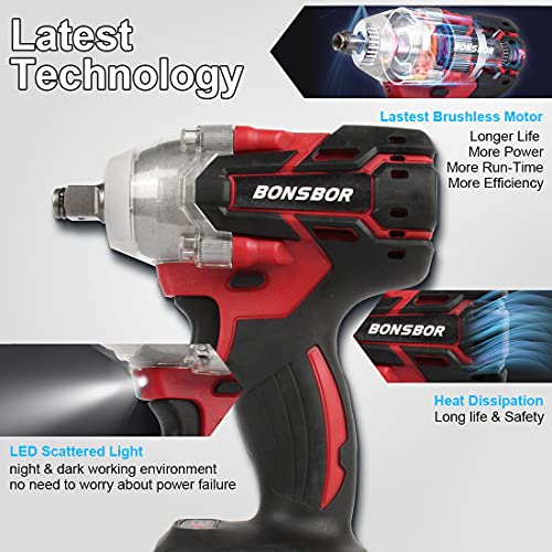 BONSBOR Cordless Impact Wrench Kit 1/2" 520Nm, Brushless Impact Driver Electric Drill with 2 Rechargeable Li-ion Batteries, Socket Set 14mm 17mm 18mm 19mm 21mm 22mm