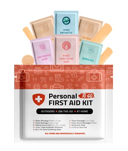 Personal First Aid Kit- 10 Pack | Clean, Treat, Protect Minor Cuts, Scrapes and Burns | Perfect for Home, Office, Car, School, Business, Camping | Individually Wrapped First Aid Products (Orange)