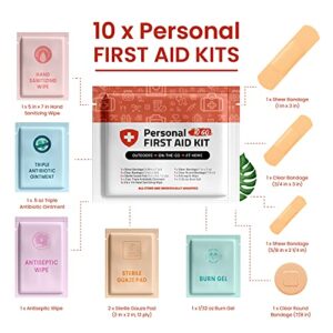 Personal First Aid Kit- 10 Pack | Clean, Treat, Protect Minor Cuts, Scrapes and Burns | Perfect for Home, Office, Car, School, Business, Camping | Individually Wrapped First Aid Products (Orange)