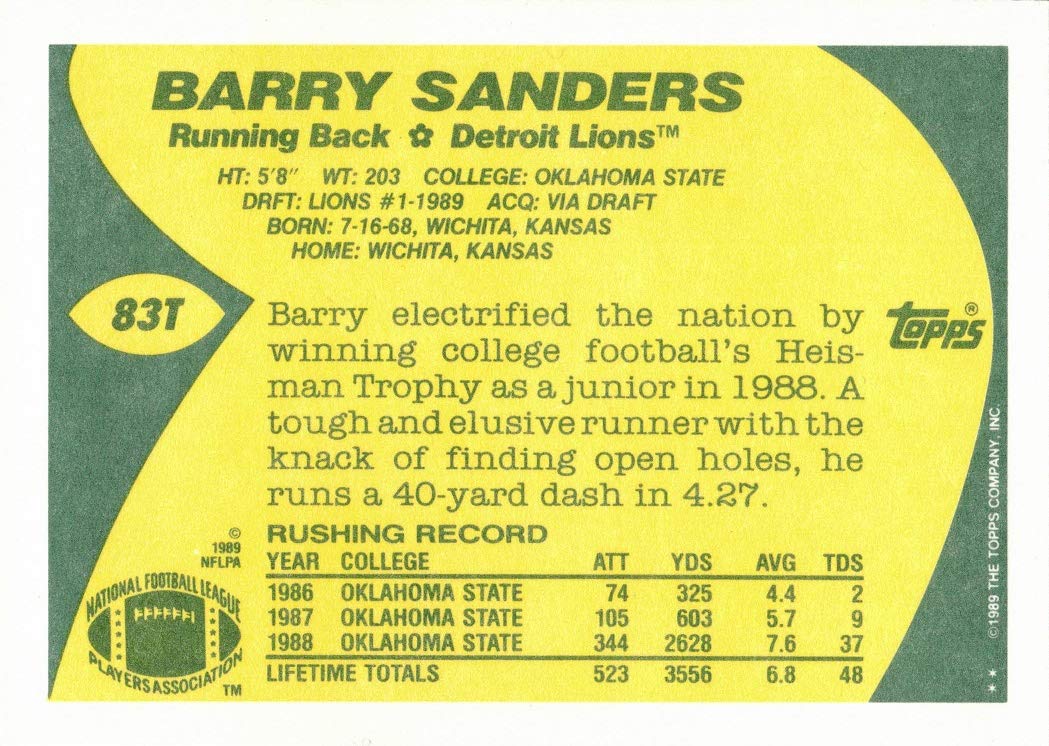 1989 Topps Traded Football #83T Barry Sanders Rookie Card