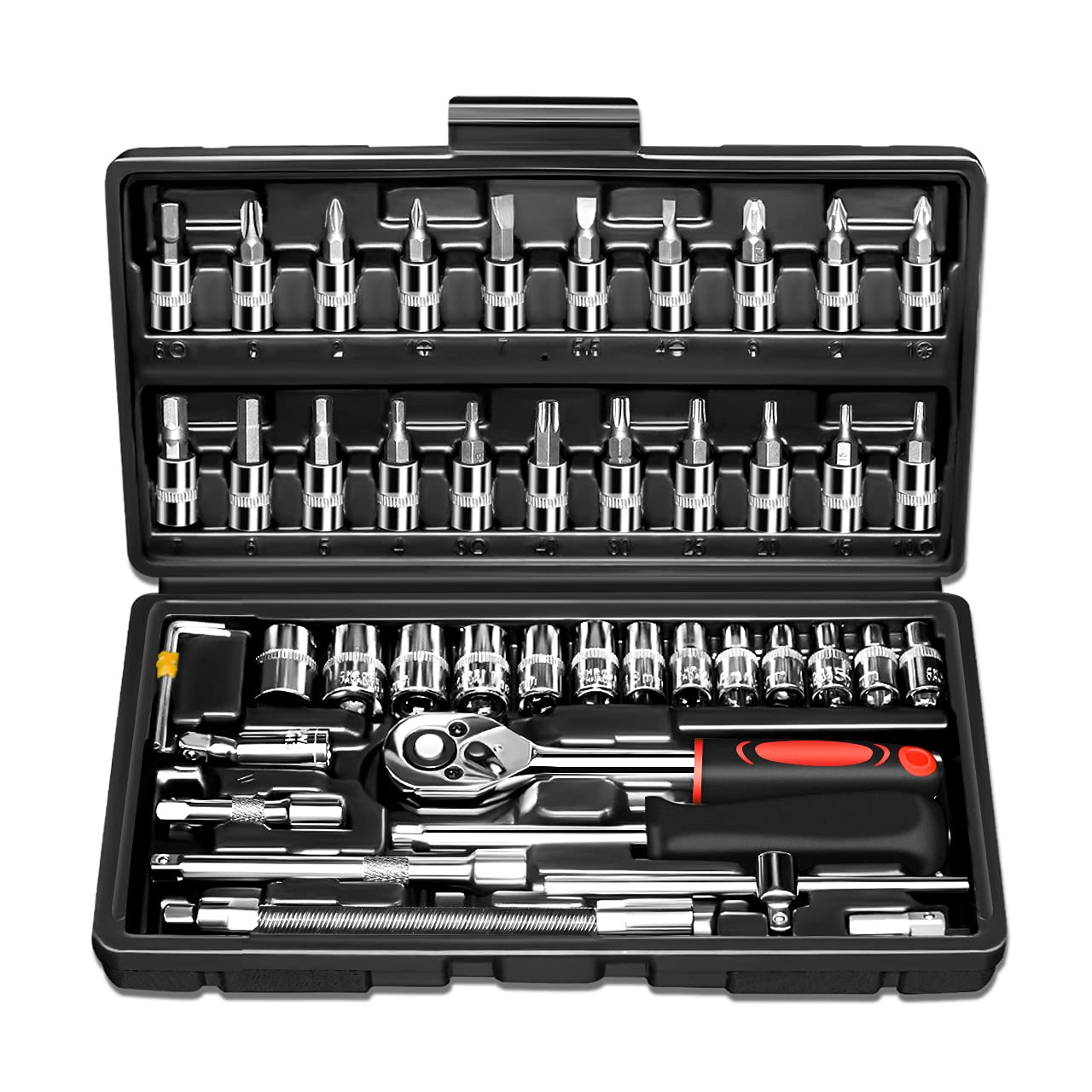 ZUZUAN 46 Pieces 1/4 inch Drive Socket Ratchet Wrench Set with Bit Socket Set Metric and Extension Bar for Auto Repairing and Household with Storage Case