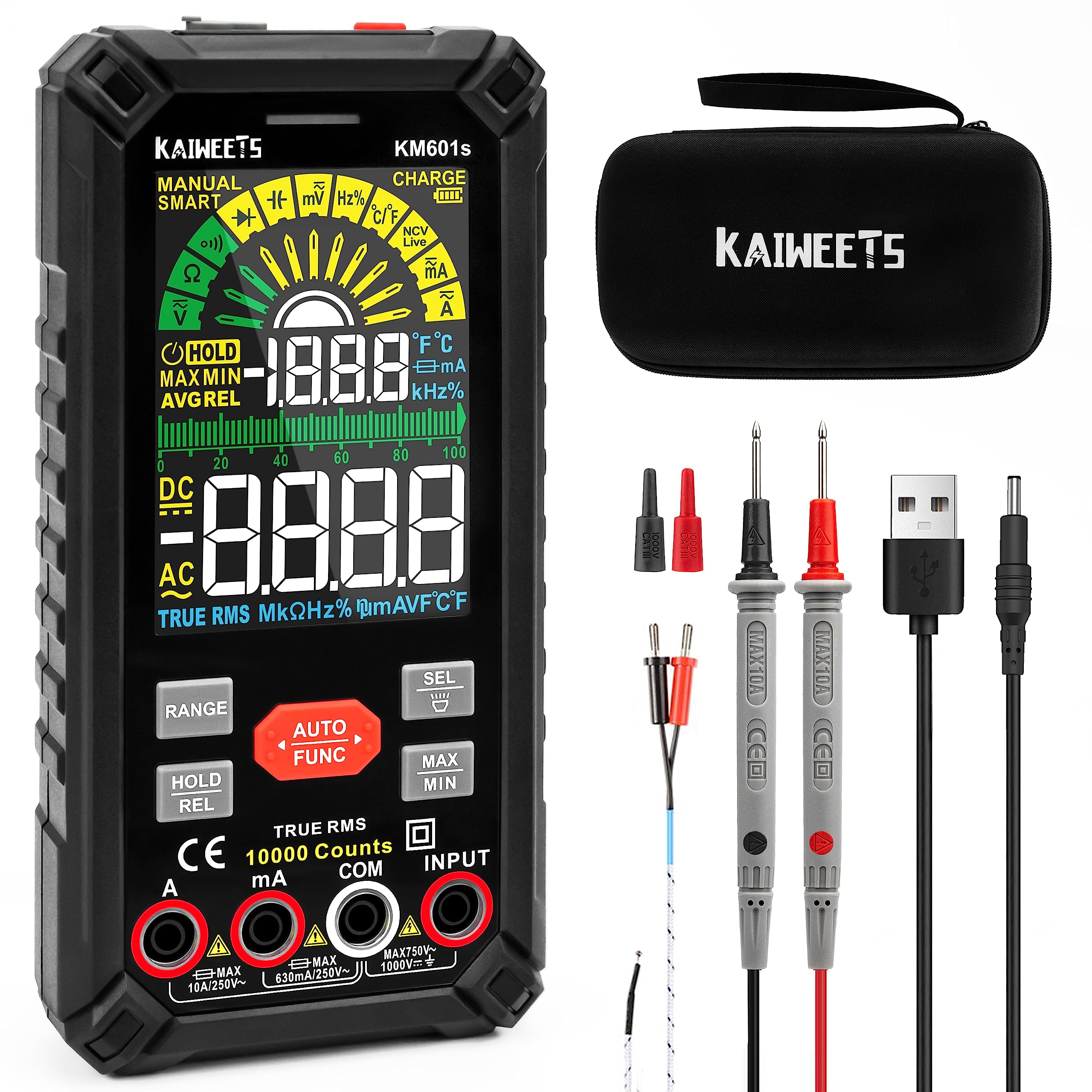 KAIWEETS Digital Multimeter Voltmeter Smart Electrical Tester Measures Voltage Current Resistance Continuity Duty-Cycle Capacitance Temperature Frequency Auto Ranging 10000 Counts TRMS