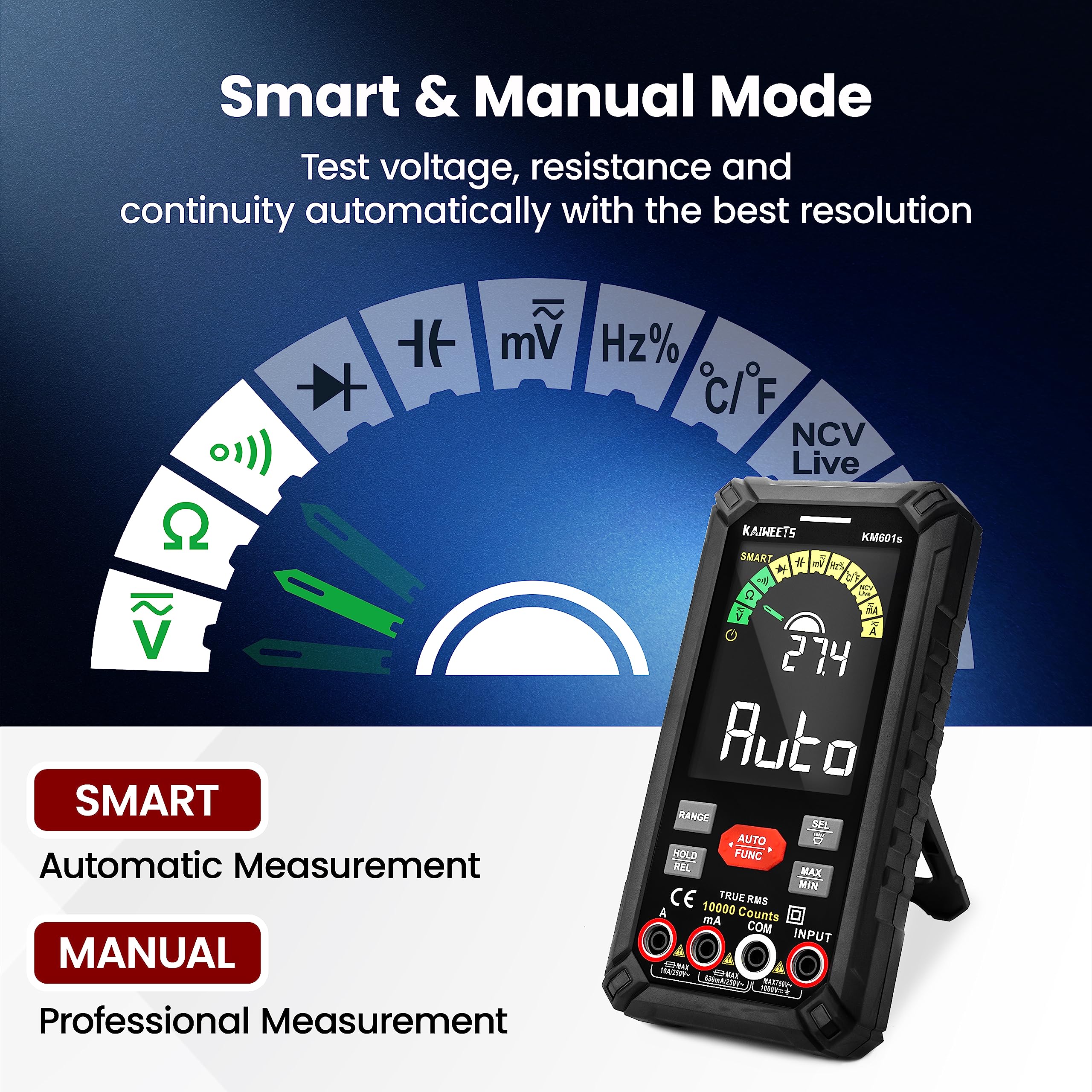 KAIWEETS Digital Multimeter Voltmeter Smart Electrical Tester Measures Voltage Current Resistance Continuity Duty-Cycle Capacitance Temperature Frequency Auto Ranging 10000 Counts TRMS