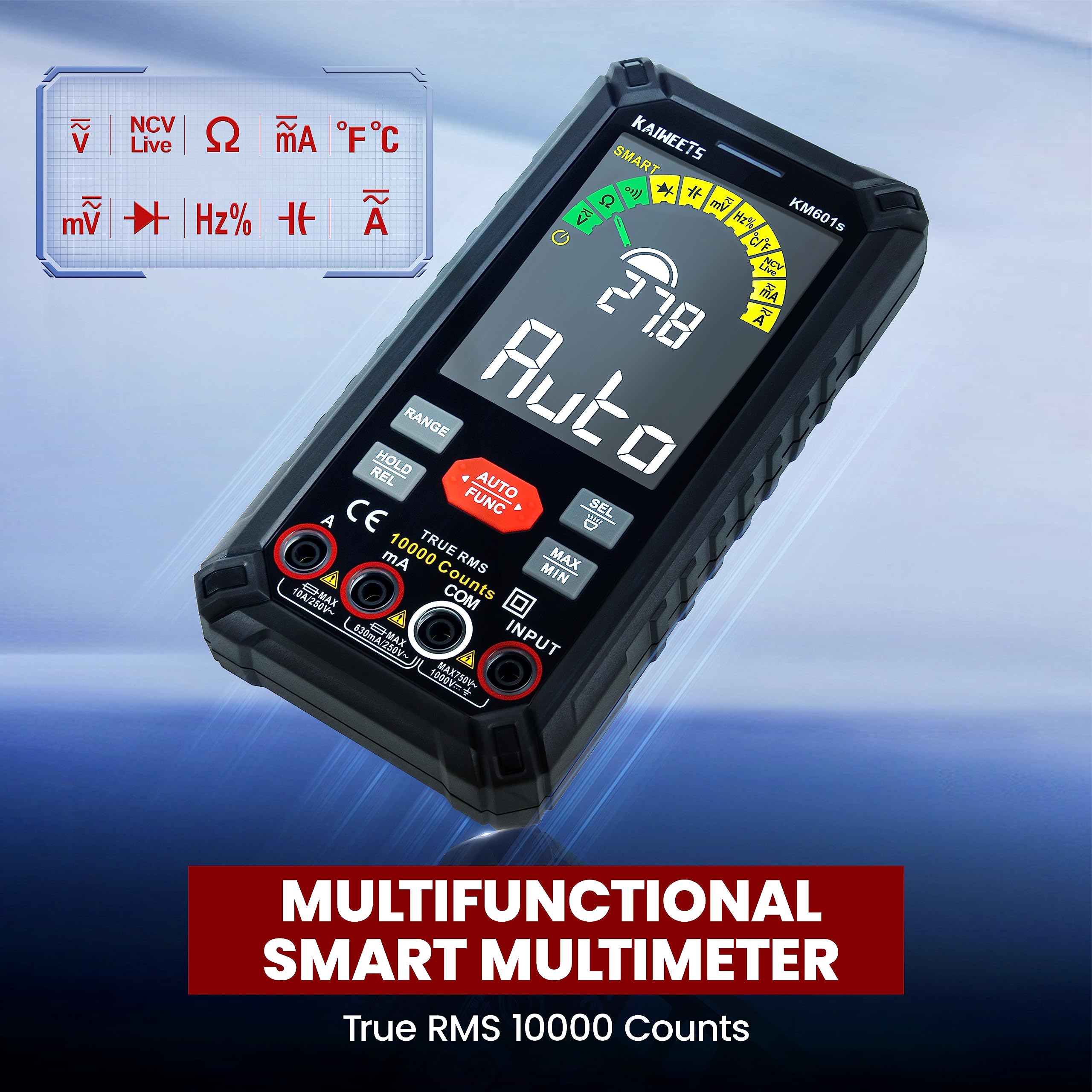 KAIWEETS Digital Multimeter Voltmeter Smart Electrical Tester Measures Voltage Current Resistance Continuity Duty-Cycle Capacitance Temperature Frequency Auto Ranging 10000 Counts TRMS