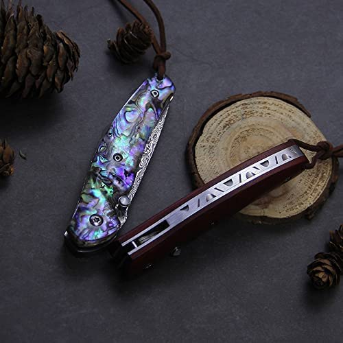 Omesio Damascus Pocket Knife Damascus Folding Knife Blue Abalone Handle Japanese Damascus Blade Pocket Knives Real Damascus Steel Folding Knife with Gift Box for Men/Dad/Father and Women