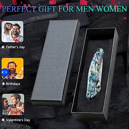 Omesio Damascus Pocket Knife Damascus Folding Knife Blue Abalone Handle Japanese Damascus Blade Pocket Knives Real Damascus Steel Folding Knife with Gift Box for Men/Dad/Father and Women