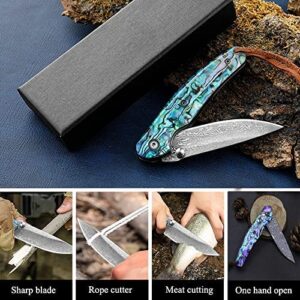 Omesio Damascus Pocket Knife Damascus Folding Knife Blue Abalone Handle Japanese Damascus Blade Pocket Knives Real Damascus Steel Folding Knife with Gift Box for Men/Dad/Father and Women