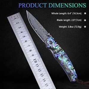 Omesio Damascus Pocket Knife Damascus Folding Knife Blue Abalone Handle Japanese Damascus Blade Pocket Knives Real Damascus Steel Folding Knife with Gift Box for Men/Dad/Father and Women