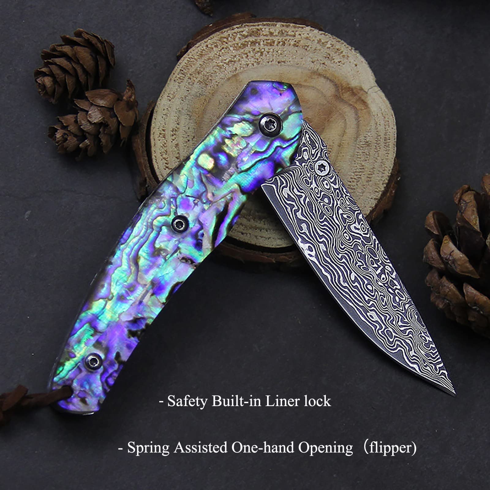 Omesio Damascus Pocket Knife Damascus Folding Knife Blue Abalone Handle Japanese Damascus Blade Pocket Knives Real Damascus Steel Folding Knife with Gift Box for Men/Dad/Father and Women