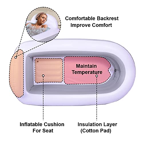 Inflatable Bathtub for adults, 65"×34"×28" Foldable Portable Bathtub, Blow UP Bath Tub with Backrest for Home Spa or Ice Bath(Gray White) (With Pump)