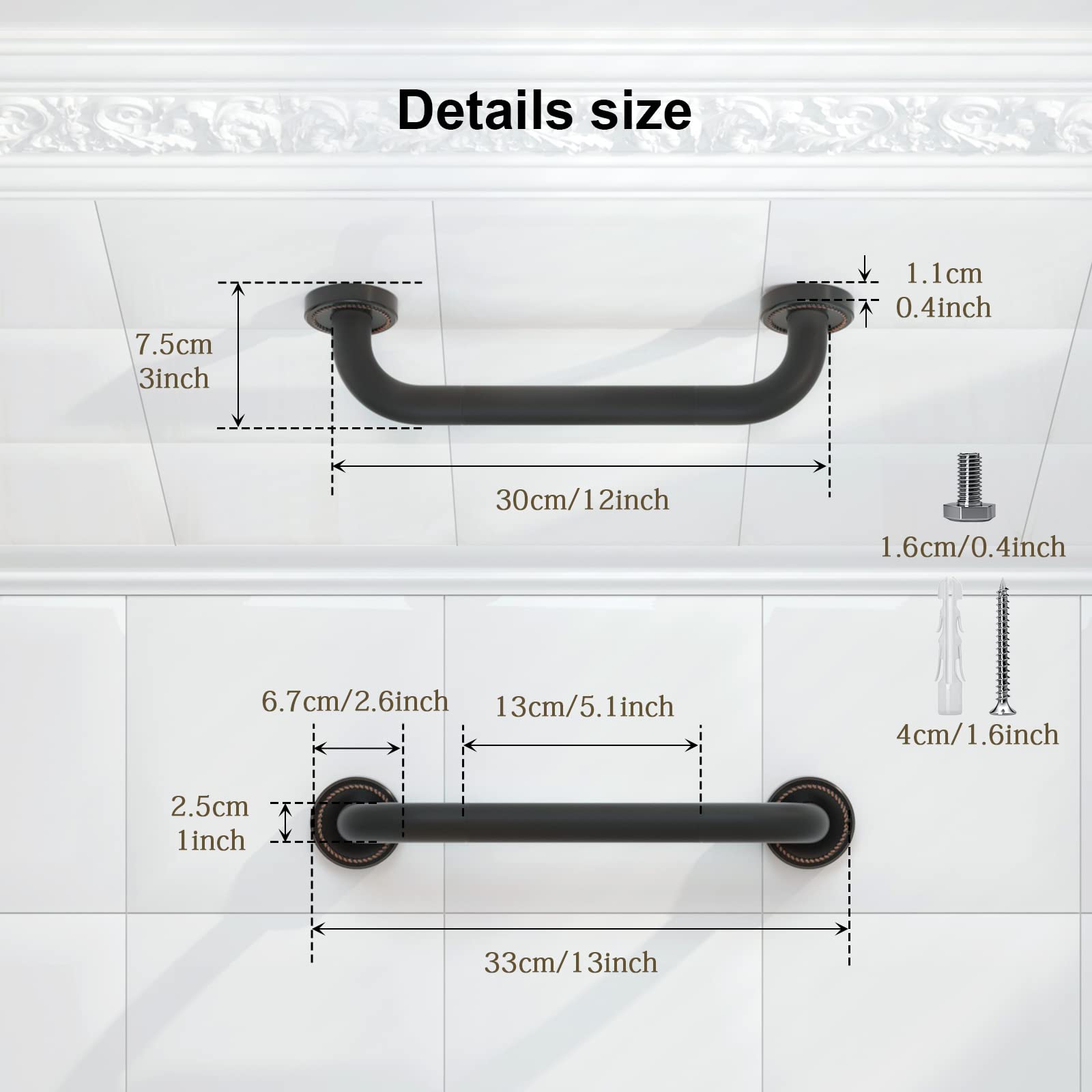 2 Pack 12 Inch Anti Slip Antique Bronze Shower Grab Bar, iMomwee Oil Rubbed Black SUS304 Stainless Steel Bathroom Grab Bar Handle, Safety Shower Balance Bar, Elderly Senior Assist Hand Rail Support