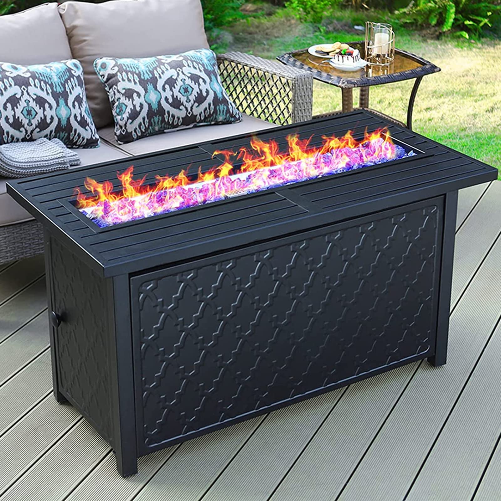 MFSTUDIO 45” Outdoor Rectangular Gas Fire Pit Table，50000 BTU Propane Iron Plate Embossing Fire Table with Lid and Blue Glass for Patio,Backyard and Balcony,Black