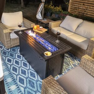 MFSTUDIO 45” Outdoor Rectangular Gas Fire Pit Table，50000 BTU Propane Iron Plate Embossing Fire Table with Lid and Blue Glass for Patio,Backyard and Balcony,Black