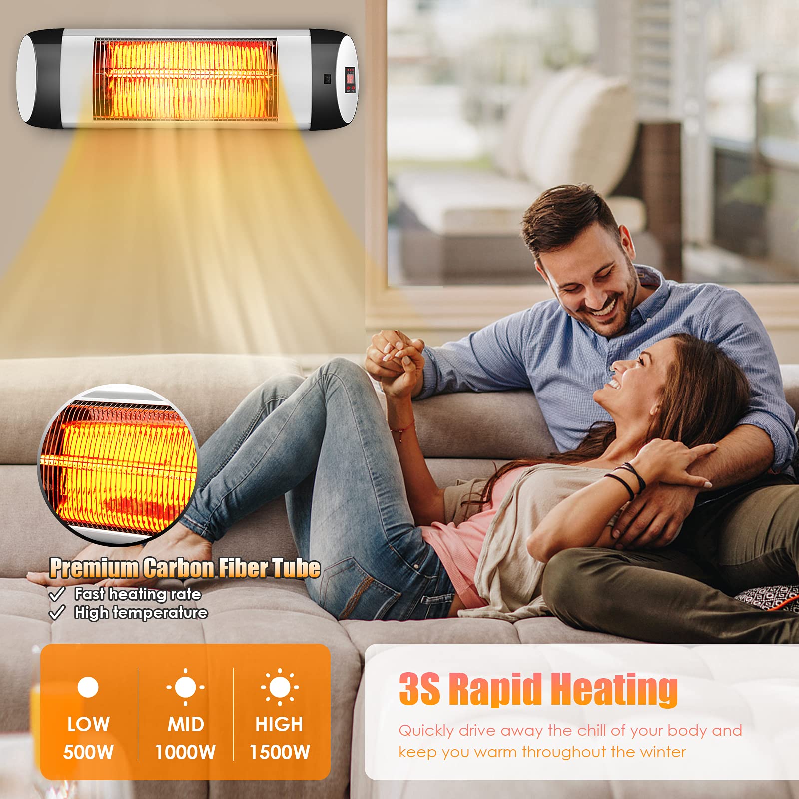 COSTWAY Wall-Mounted Patio Heater, Remote Control, Carbon Fiber Tube, 1500W Outdoor Waterproof Infrared Heater with 3s Rapid Heating, 24H Timer and 3 Heat Setting, Suitable for Outdoor, Home, Backyard